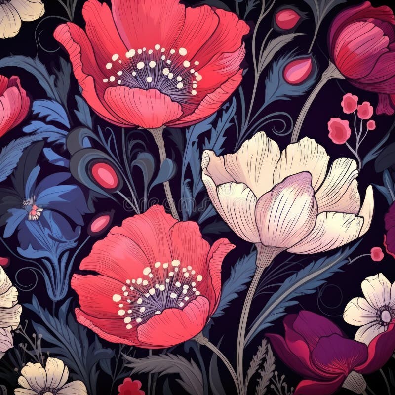 Seamless Pattern with Stylized Flowers. Hand-drawn Illustration Stock ...