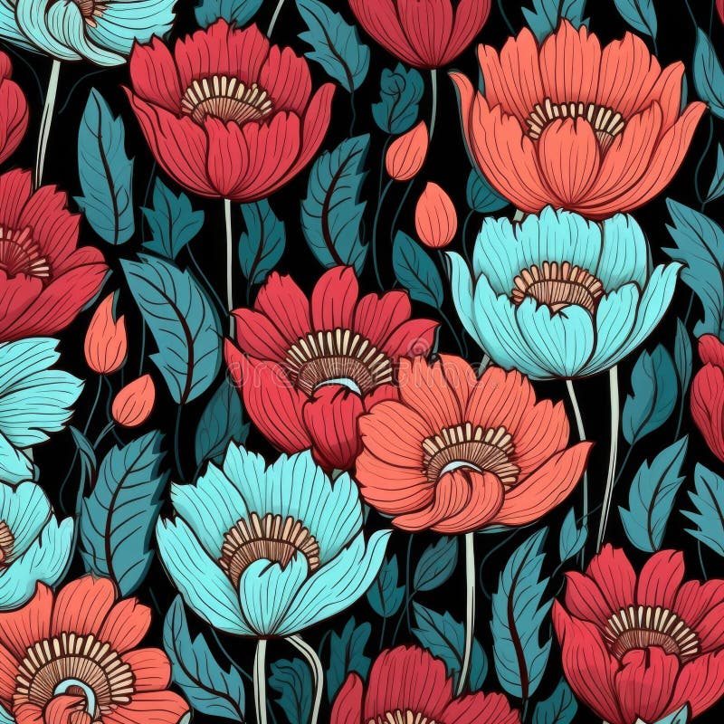Seamless Pattern with Stylized Flowers. Hand-drawn Illustration Stock ...