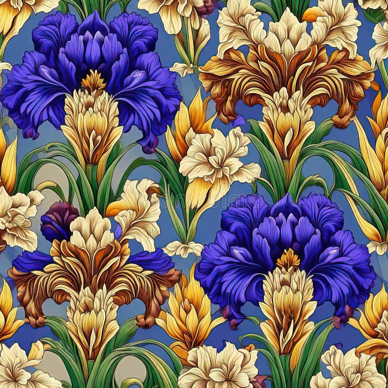 Seamless Pattern with Stylized Iris Flowers for Vintage Victorian ...