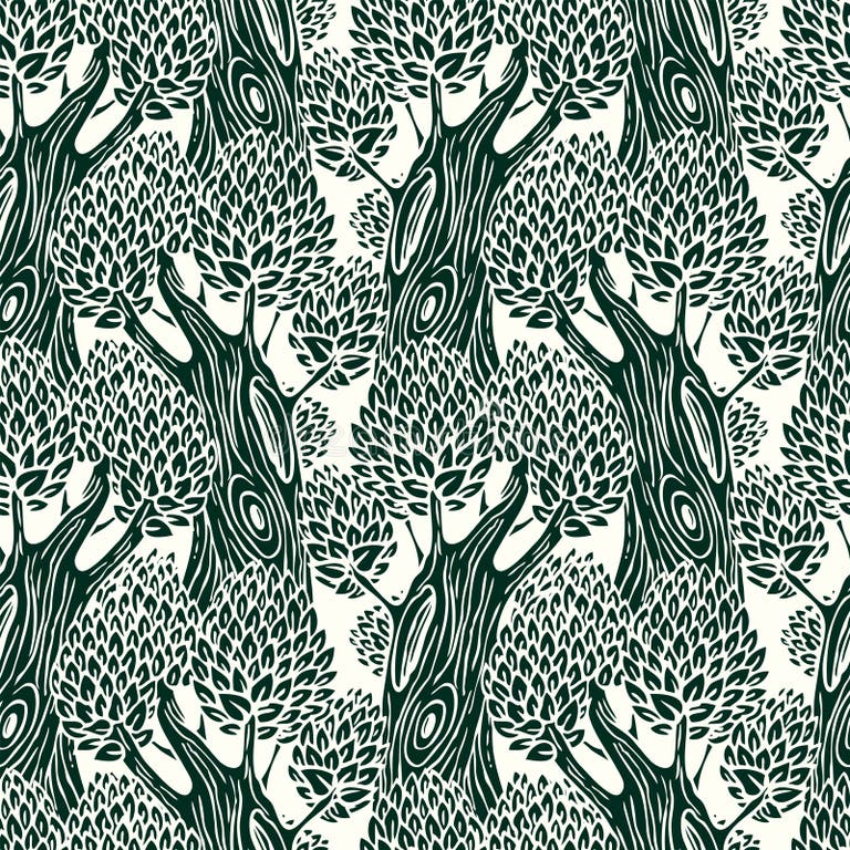 Seamless Pattern with Stylized Old Deciduous Trees Stock Vector - Illustration of flat, ornament ...