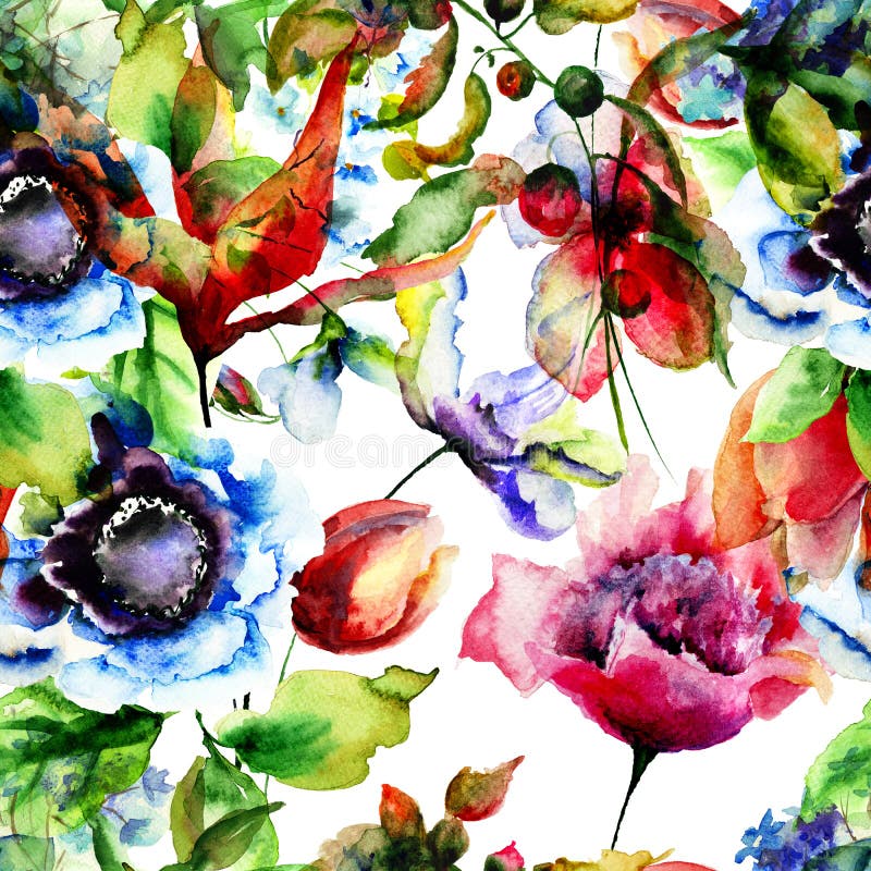 Seamless Pattern with Stylized Spring Flowers Stock Illustration ...