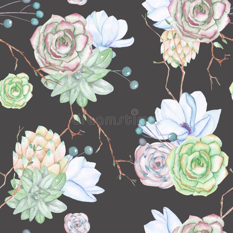 A Seamless Pattern with the Succulents, Flowers, Leaves and Branches ...