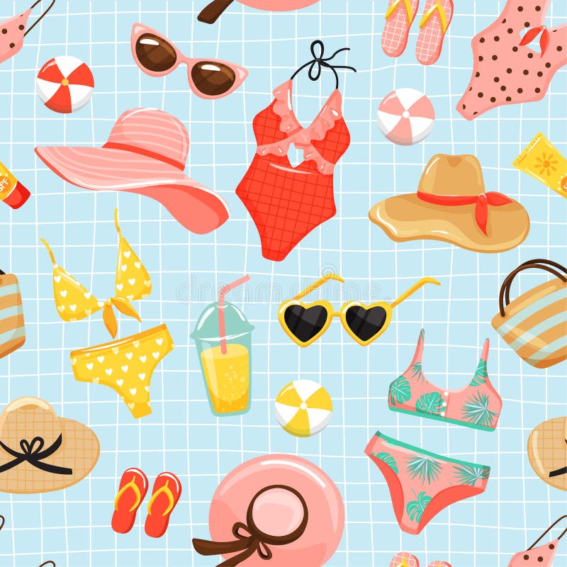 Seamless Pattern with Summer Elements and Checkered Background. Stock ...