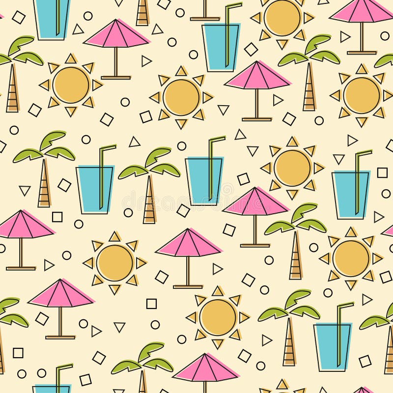 Seamless Pattern with Summer Elements in Thin Line Style. Vector Line ...