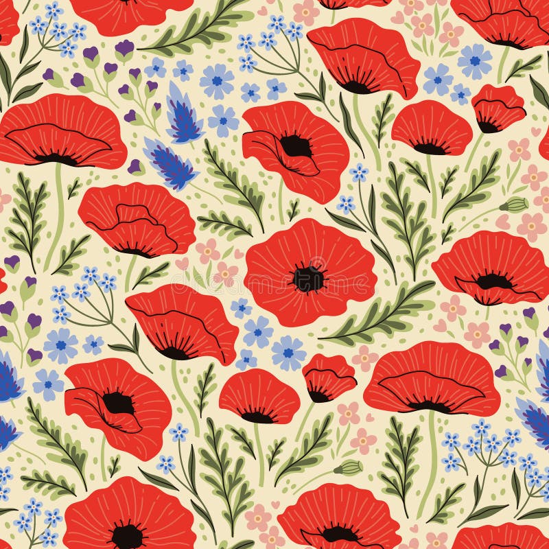 Seamless Pattern with Summer Poppy Field Flowers. Vector Graphics Stock ...