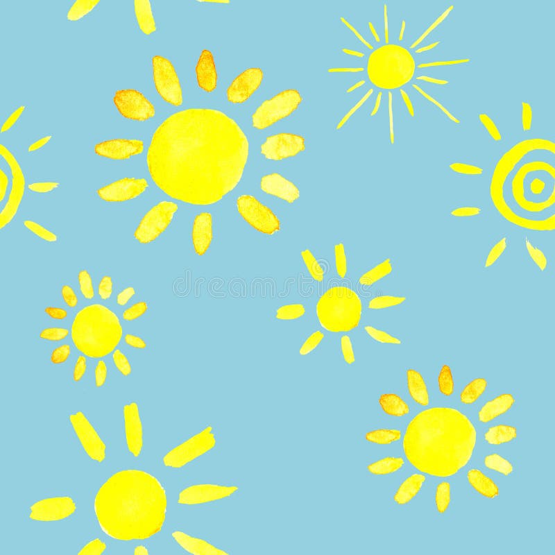 Seamless Pattern with Sun on Blue Background . Watercolor Illustration ...