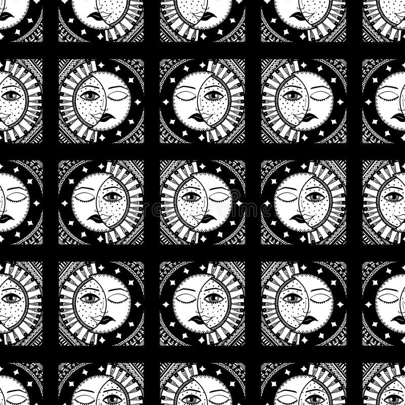 Seamless Pattern with Sun and Month. Black and White. Vector Stock ...