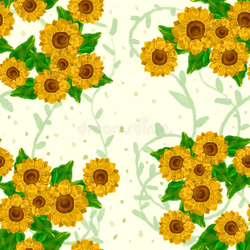 Seamless Pattern of Sunflower Flowers on Green Leaves on a Light ...