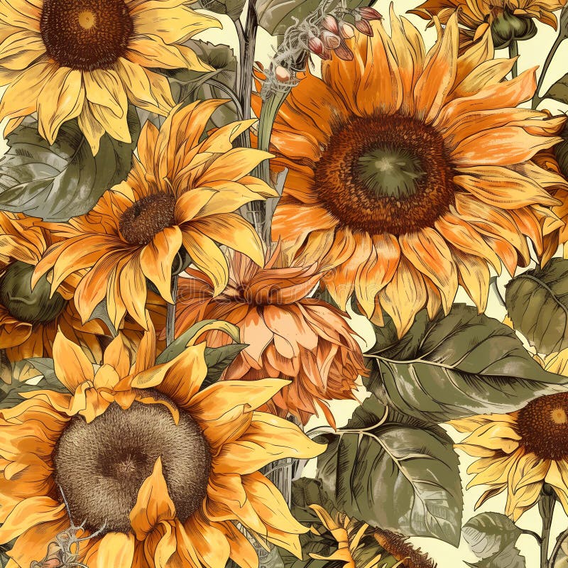 Seamless Pattern with Sunflowers. Hand-drawn Illustration Stock ...
