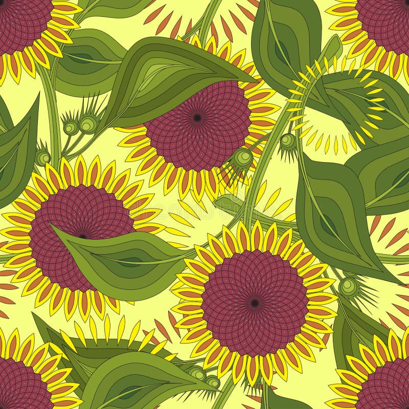 Seamless Pattern, Sunflowers with Leaves on a Light Background. Stock ...