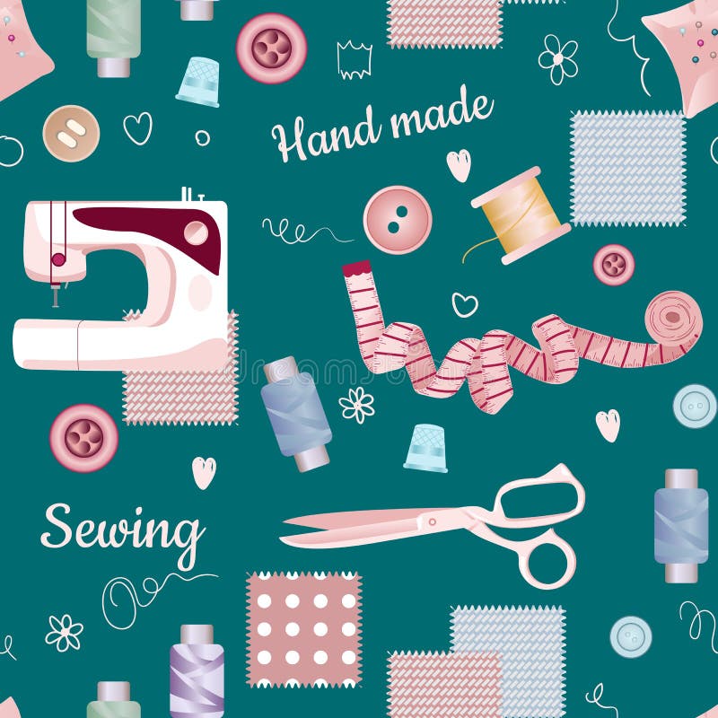 Seamless Pattern of Supplies and Tools for Sewing, on Blue. Scissors ...