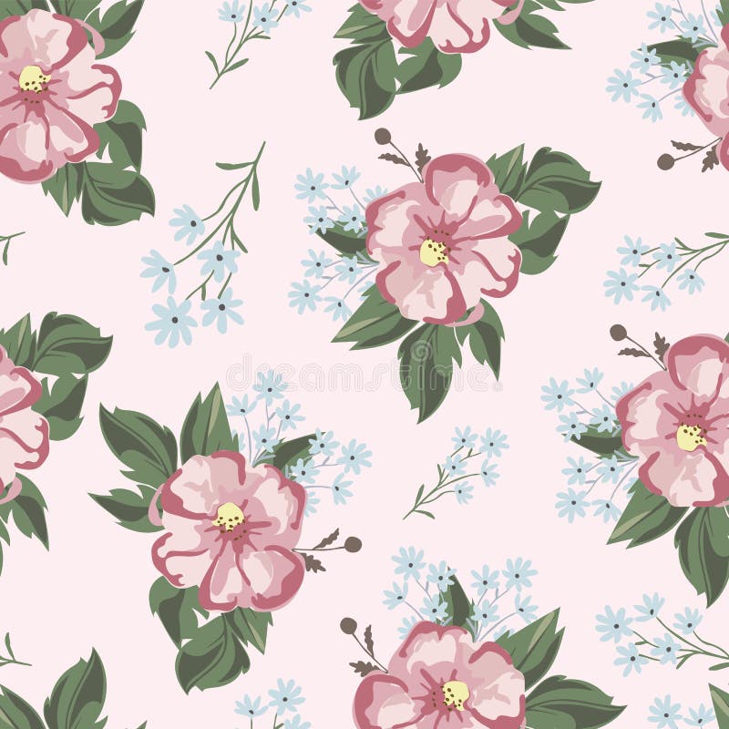 Seamless Pattern Surface Design of Vintage Hand Drawn Flower with Leaf ...