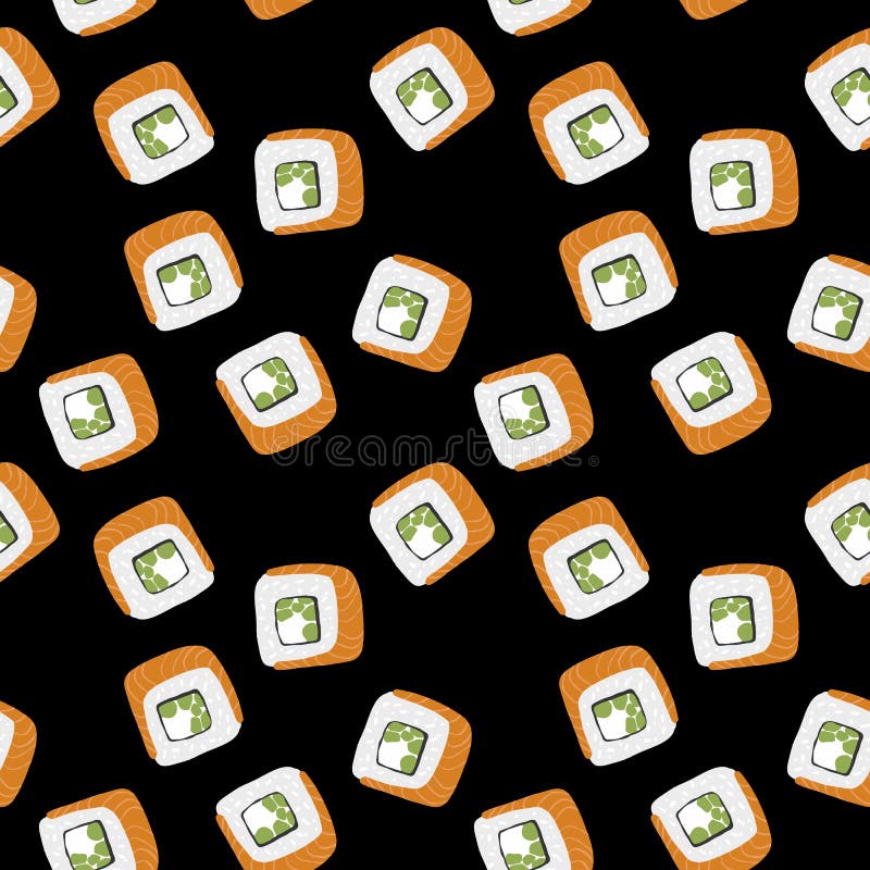 Seamless Pattern with Sushi Roll Illustration on Black Background Stock ...