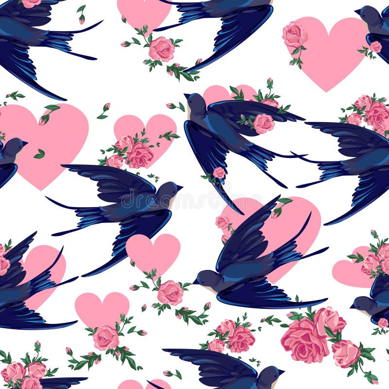 Seamless Pattern Swallow and Flowers Vector. Cute Birds Stock Vector ...