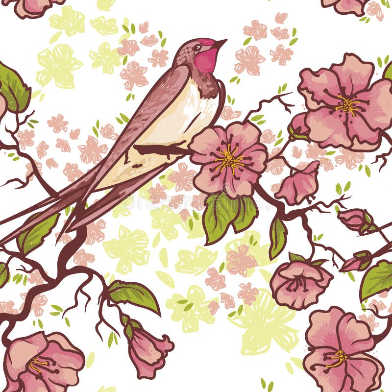Seamless Pattern with Swallow Sitting on Blooming Tree Branches Stock ...