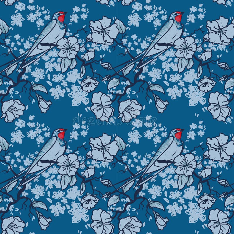 Seamless Pattern with Swallow Sitting on Blooming Tree Branches Stock ...
