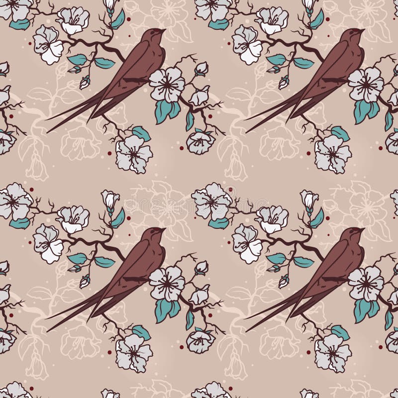 Seamless Pattern with Swallow Sitting on Blooming Tree Branches Stock ...