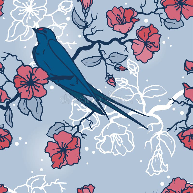Seamless Pattern with Swallow Sitting on Blooming Tree Branches Stock ...