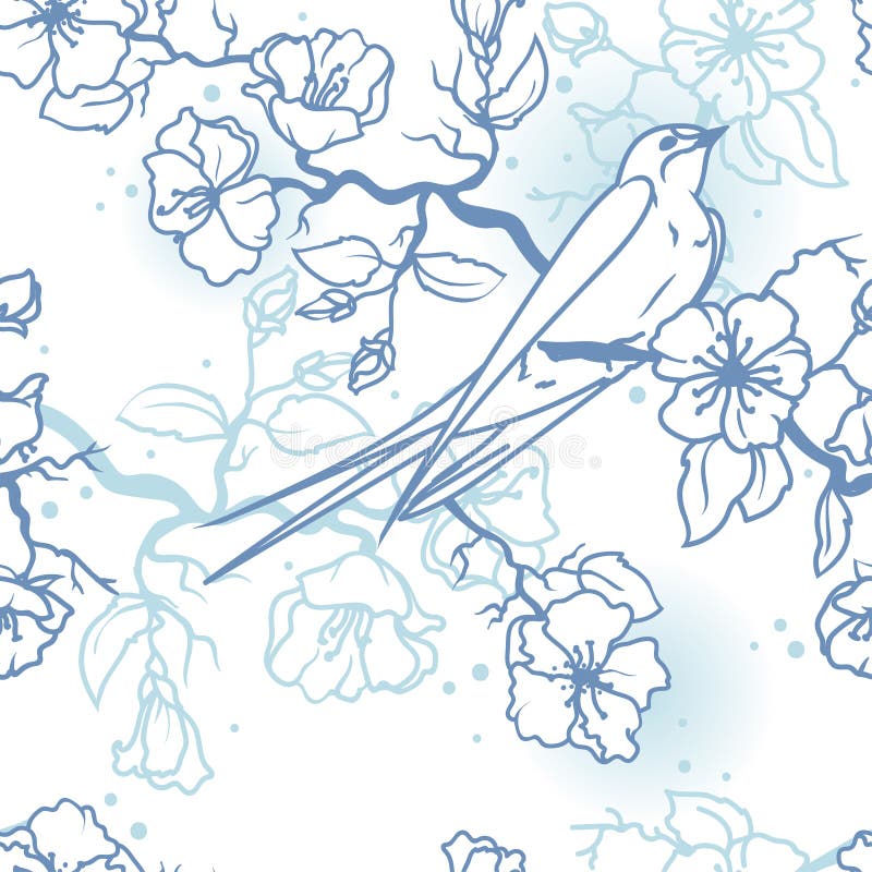 Seamless Pattern with Swallow Sitting on Blooming Tree Branches Stock ...