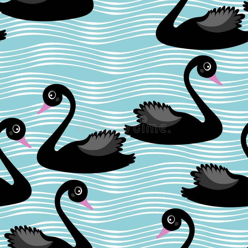 Seamless Pattern with Swans. Cartoon Vector Illustration. Black Swans Float on the Water ...