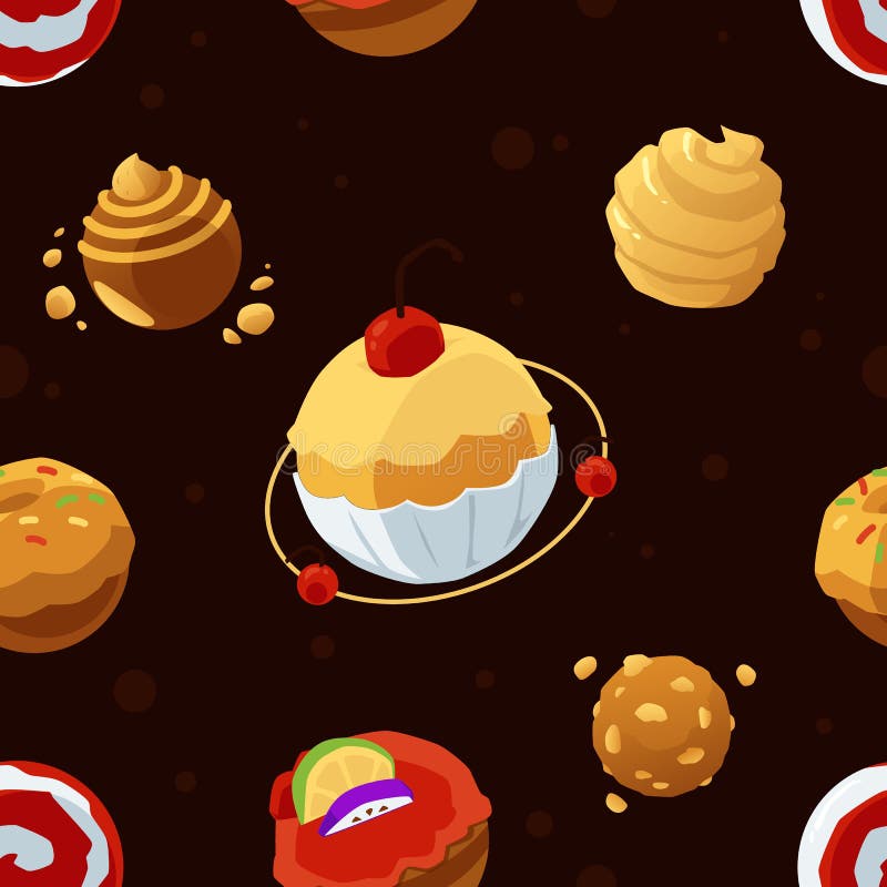 Seamless Pattern with Sweet Candy and Cake Planets Flat Vector ...
