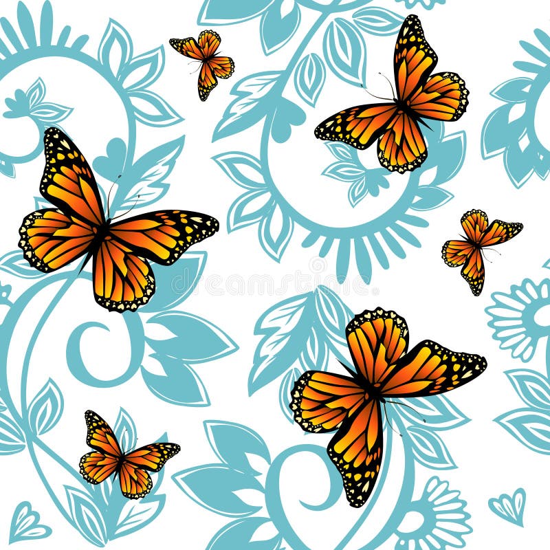 Seamless Pattern with Swirls and Orange Butterflies. Vector ...