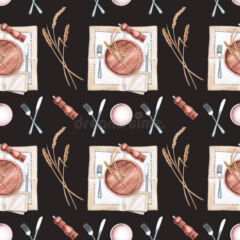 Seamless Pattern with Table Setting on Black Background. Watercolor ...