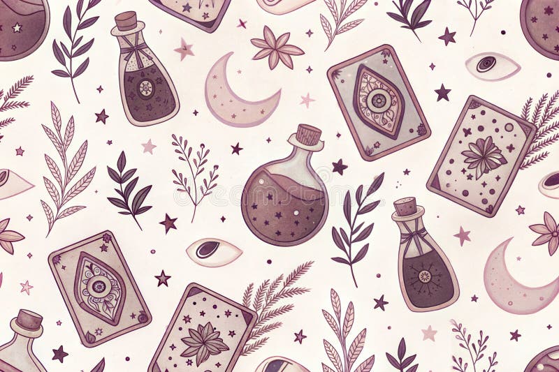 Seamless Pattern of Tarot Cards, Moon, Stars, Eyes, Magic Potion on ...