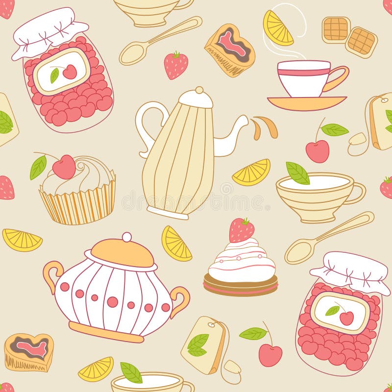 Seamless Pattern with Tea and Fruits Stock Vector - Illustration of ...