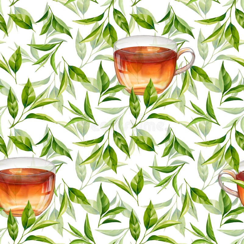 Seamless Pattern with Tea Leaves and Tea Cups. Floral Background. Stock ...