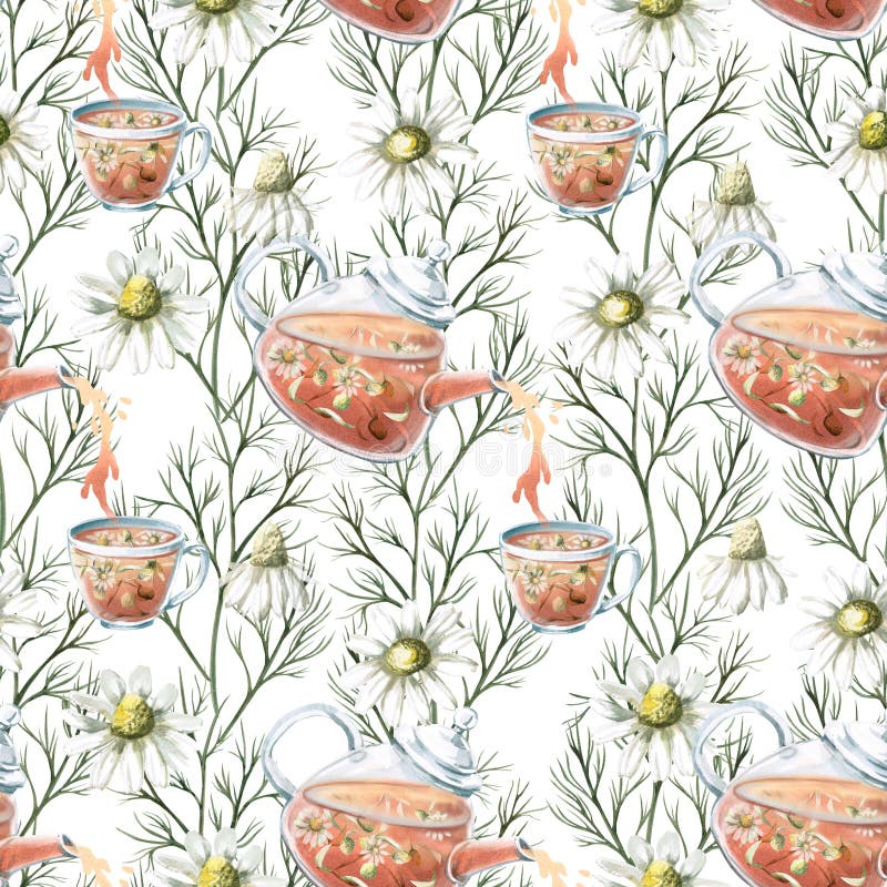 Seamless Pattern with Tea Set. Watercolor Illustration on White ...