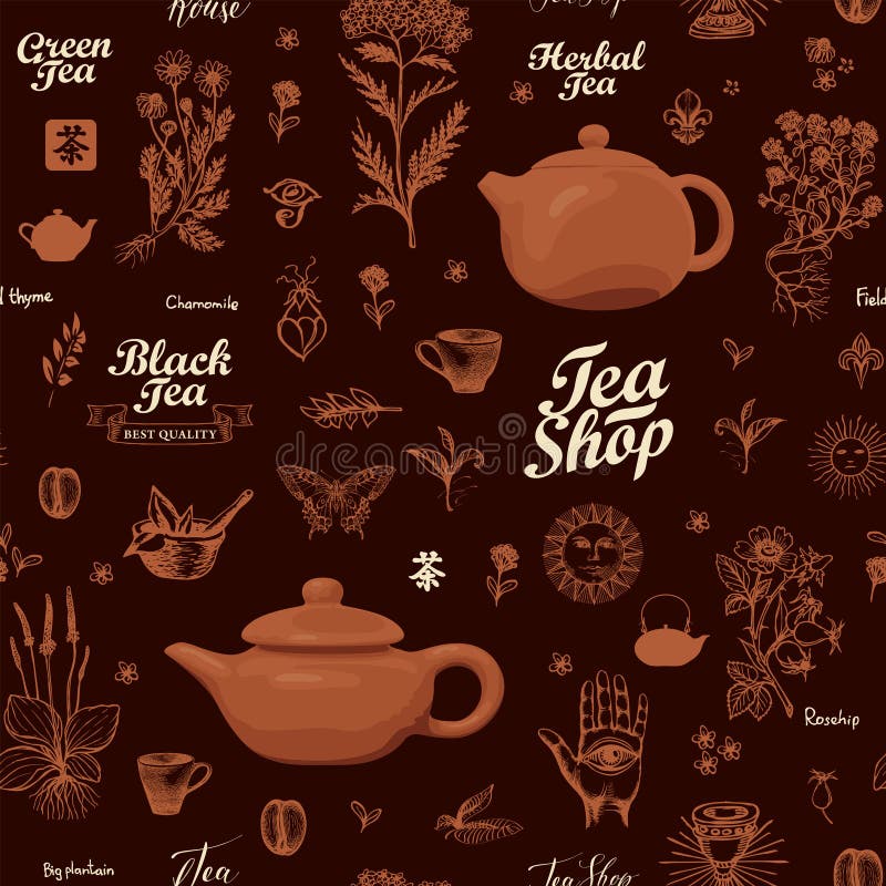Seamless Pattern on the Tea Theme in Retro Style Stock Vector ...