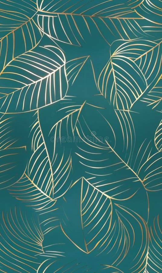 Seamless Pattern: a Teal and Gold Leaf Pattern Wallpaper, with Each ...