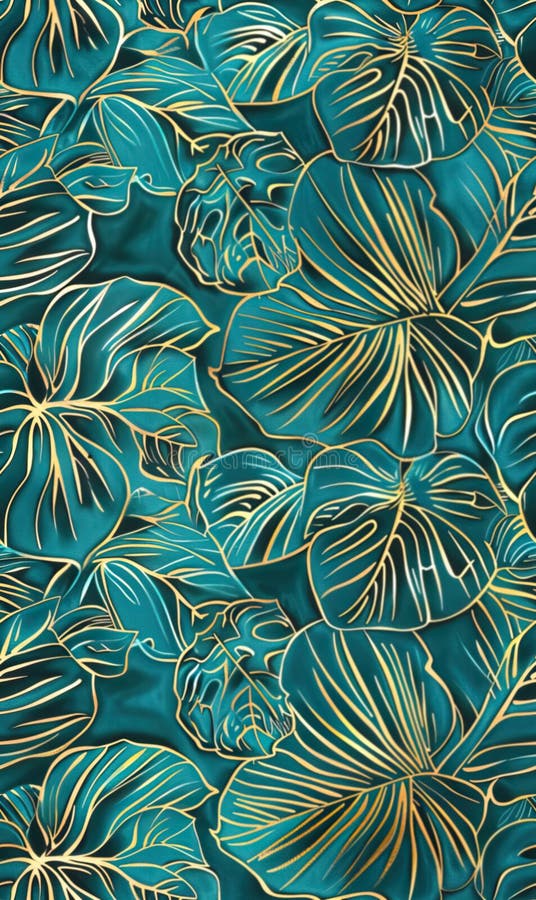 Seamless Pattern: a Teal and Gold Leaf Pattern Wallpaper, with Each ...