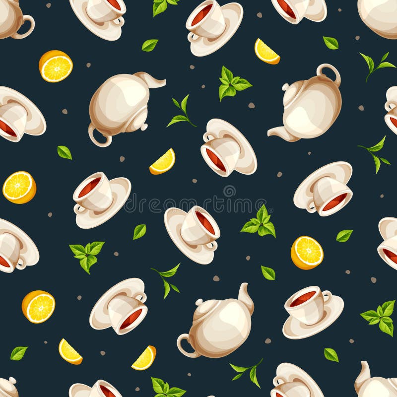Seamless Pattern with Teapots, Cups of Tea, Lemons, and Tea Leaves. Vector Seamless Print Stock ...