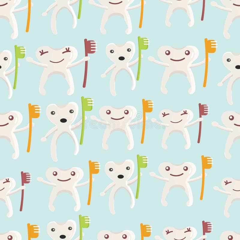 Seamless Pattern with Funny Teeth with Toothbrushes on a Blue ...