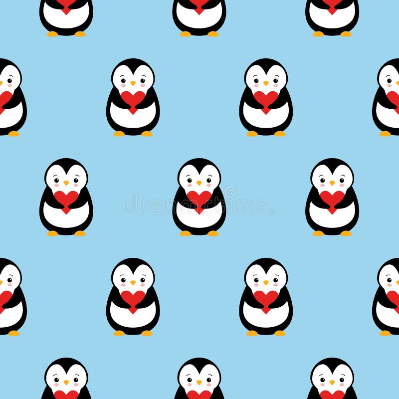 Seamless Pattern Texture of Penguin and Heart on Blue Background. Stock ...