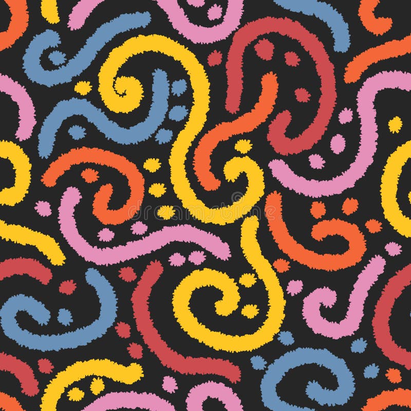Seamless Pattern with Textured Wavy and Curly Lines and Dots. Abstract ...