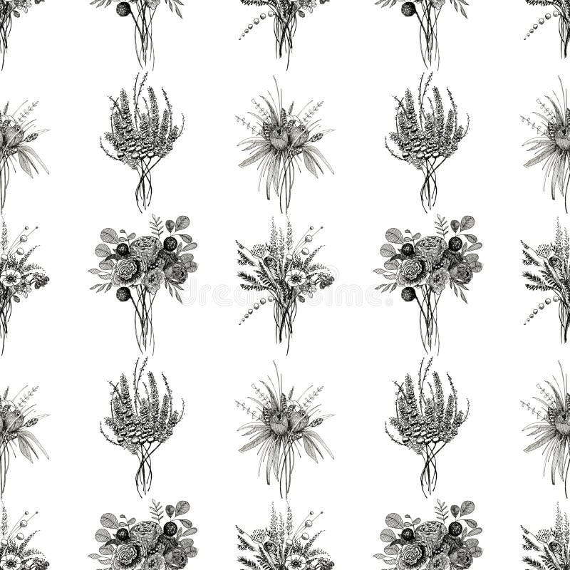 Seamless Pattern Textures Ink Drawing Flowers Bouquet Stock ...
