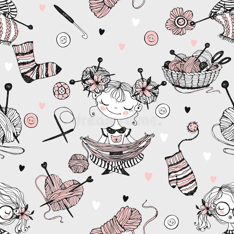 Seamless Pattern on the Theme of Knitting with Cute Knitter Girls in ...