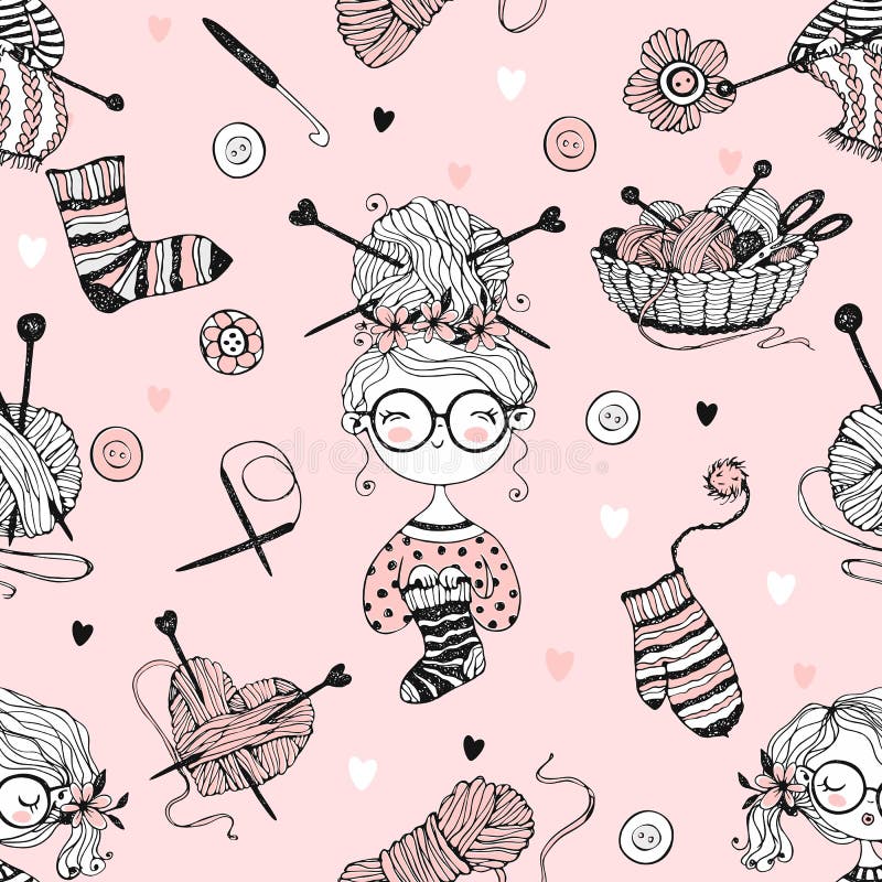 Seamless Pattern on the Theme of Knitting with Cute Knitter Girls in ...