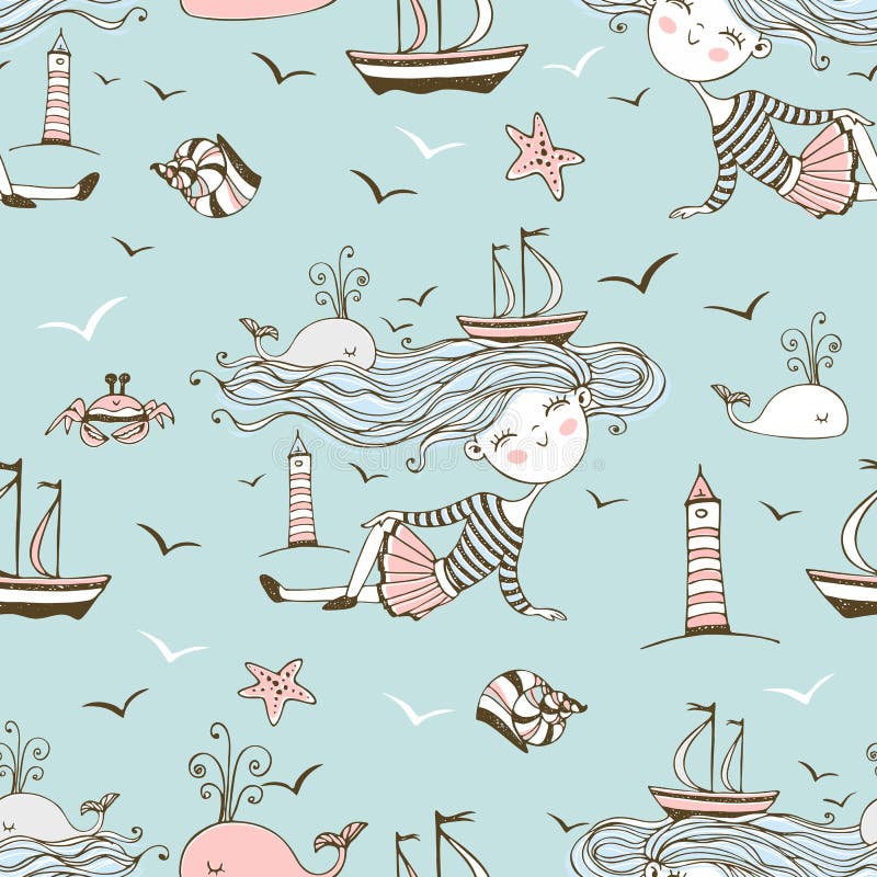 Seamless Pattern on the Theme of Summer and the Sea with Cute Girls on ...