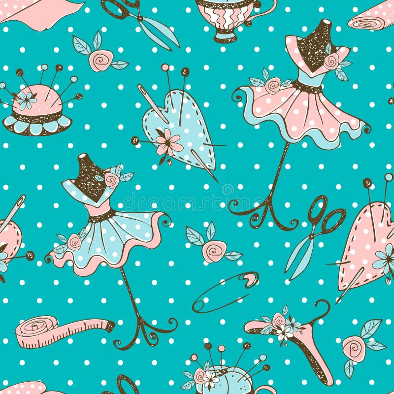 Pattern With Mannequins Dress Scissors And Sewing Tools Vector