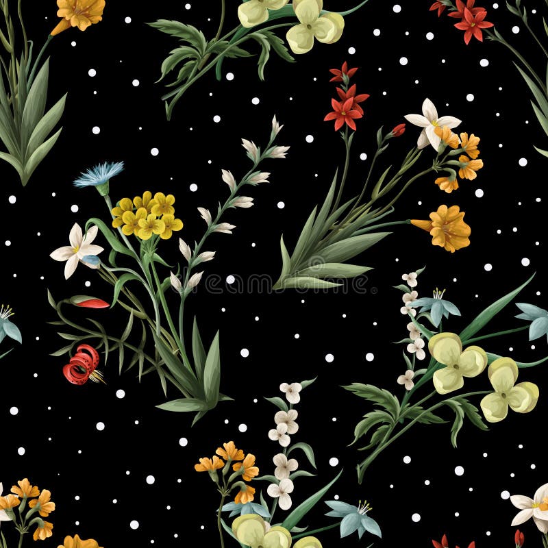 Seamless Pattern with Thin Meadow Flowers and Dots. Vector. Stock Vector - Illustration of wild ...