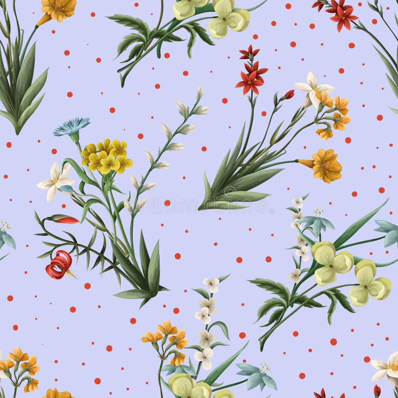 Seamless Pattern with Thin Meadow Flowers and Dots. Vector. Stock Vector - Illustration of herb ...