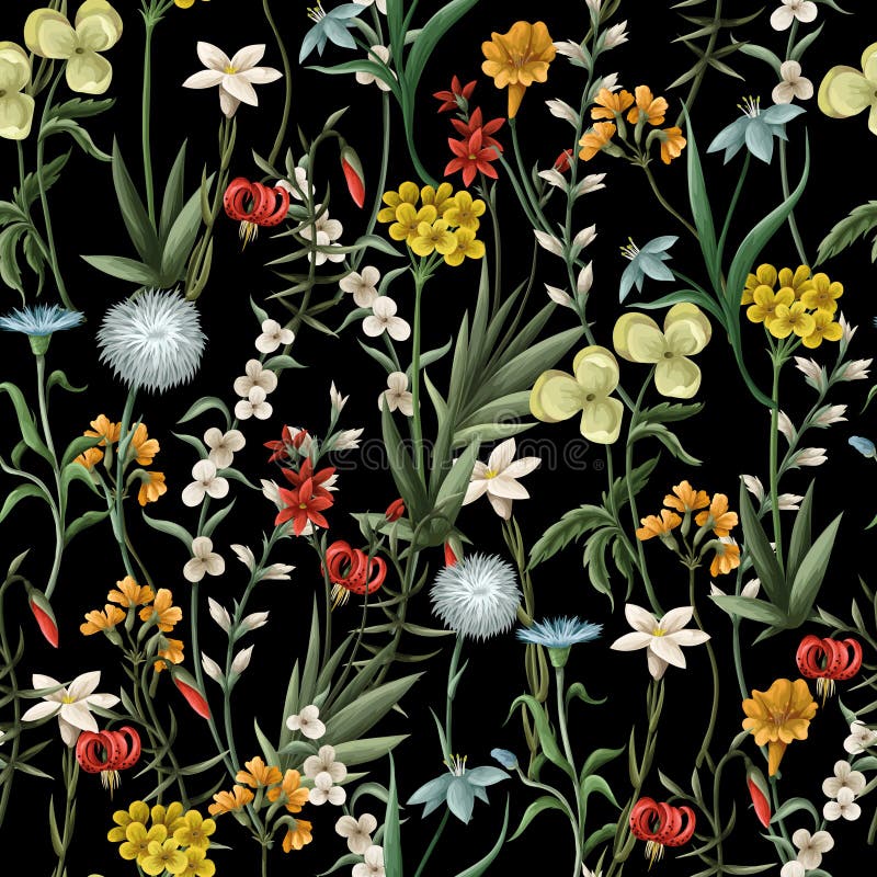 Seamless Pattern with Thin Meadow Flowers. Vector. Stock Vector - Illustration of decoration ...