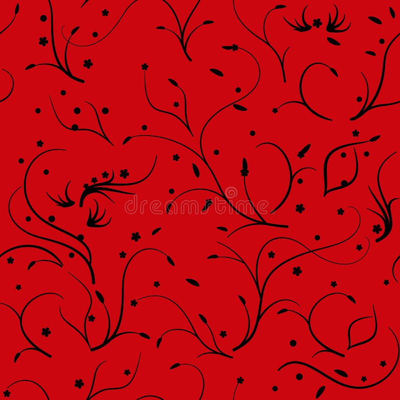 Seamless Pattern with Thin Stems and Flowers, Black on Red Stock Vector ...
