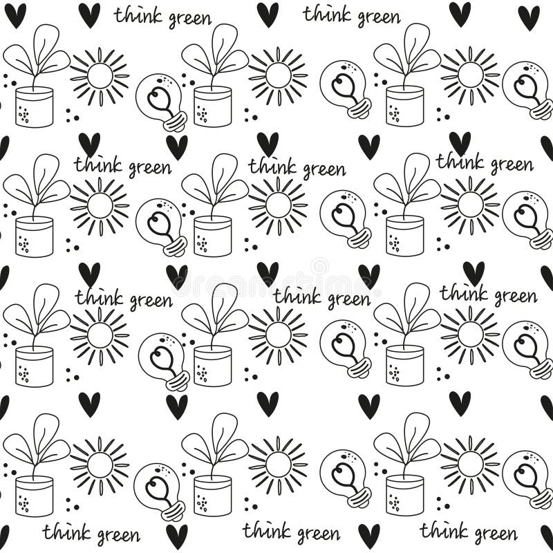 Seamless Pattern Think Green Outline Doodle Eco Friendly Stock Vector ...