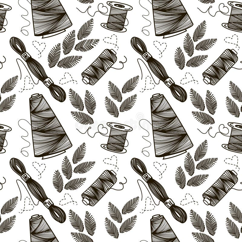 Seamless Pattern of Thread and Embroidery, Hand-drawn Doodle Elements ...