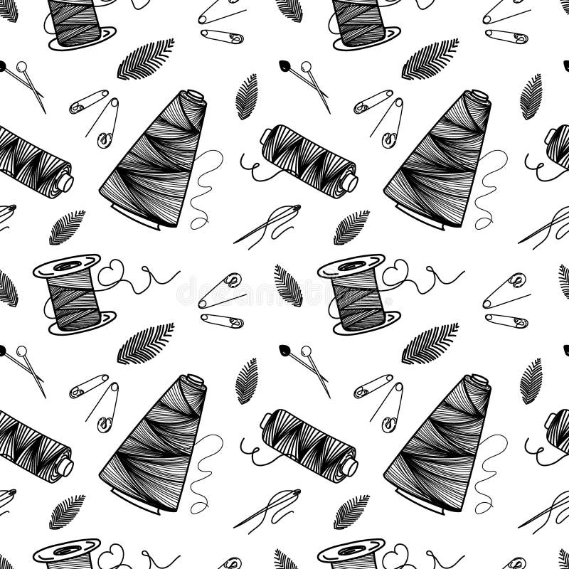 Seamless Pattern of Thread, Needles and Pins, Hand-drawn Doodle ...